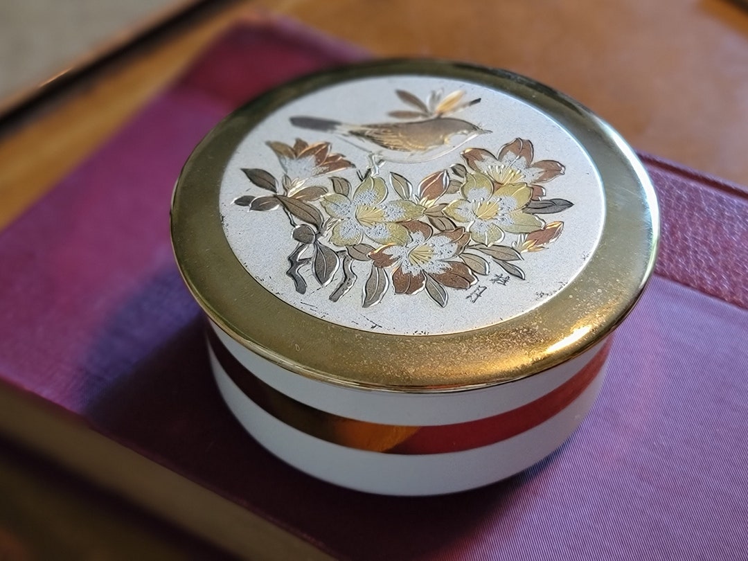 Vintage Round Japanese Trinket Box Birds and Flowers Ceramic Chokin ...
