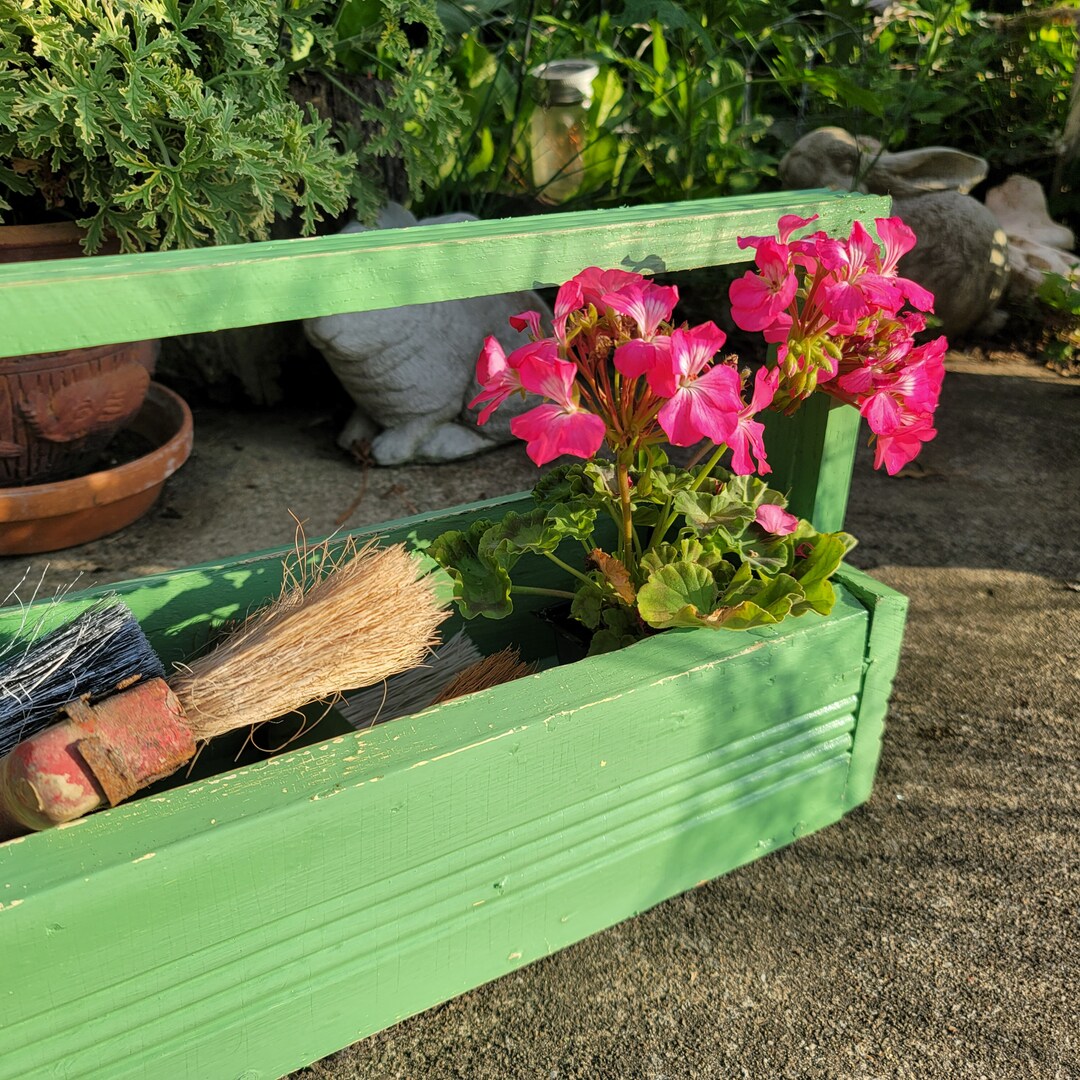 Vintage Green Tool Caddy Wooden Garden Tote, Reclaimed Wood Tool ...