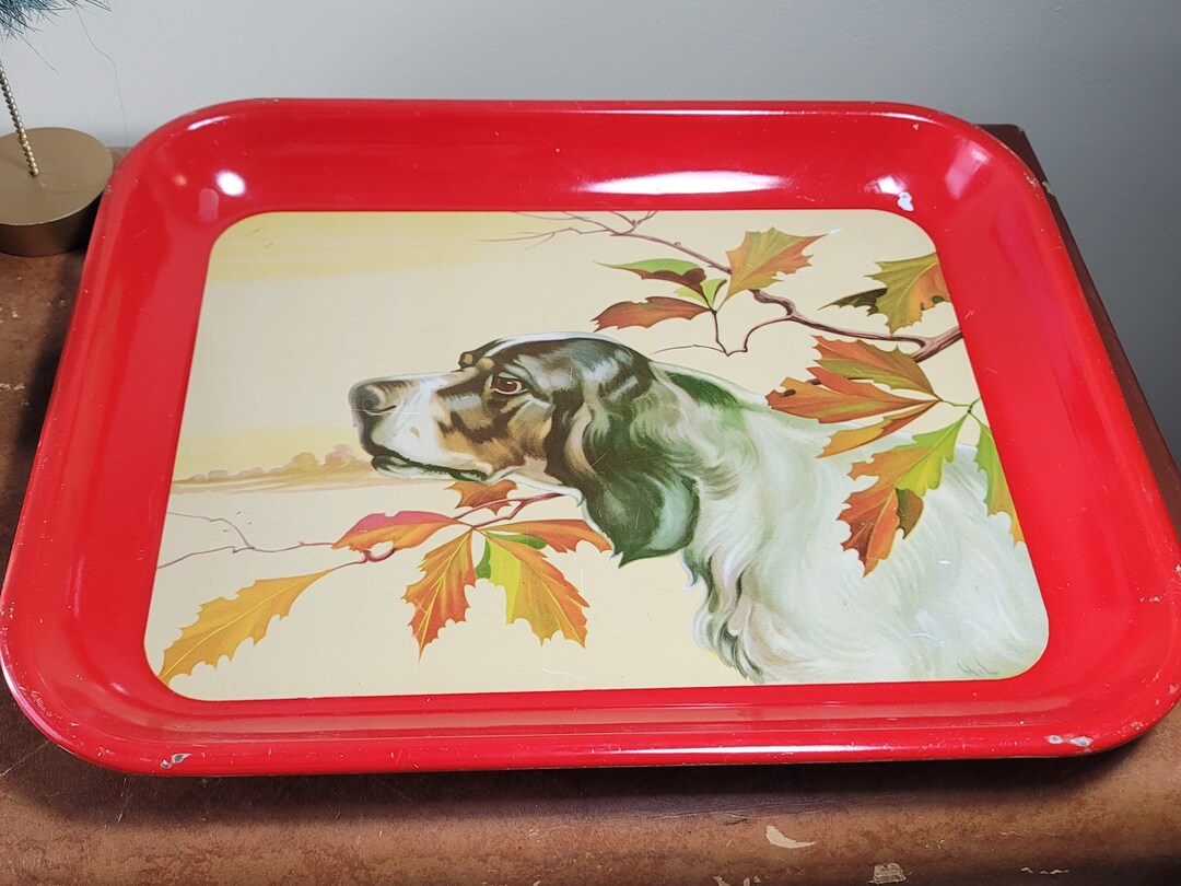 Vintage Red Tray: Rustic Spaniel and Oak Leaf Tin, Farm Cottage Cabin ...