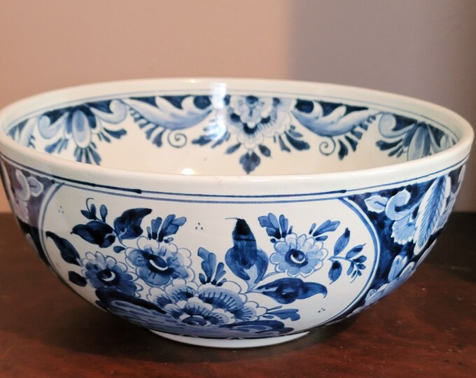 9-inch Large Vintage Delft Blue and White Painted Floral Pottery Bowl ...