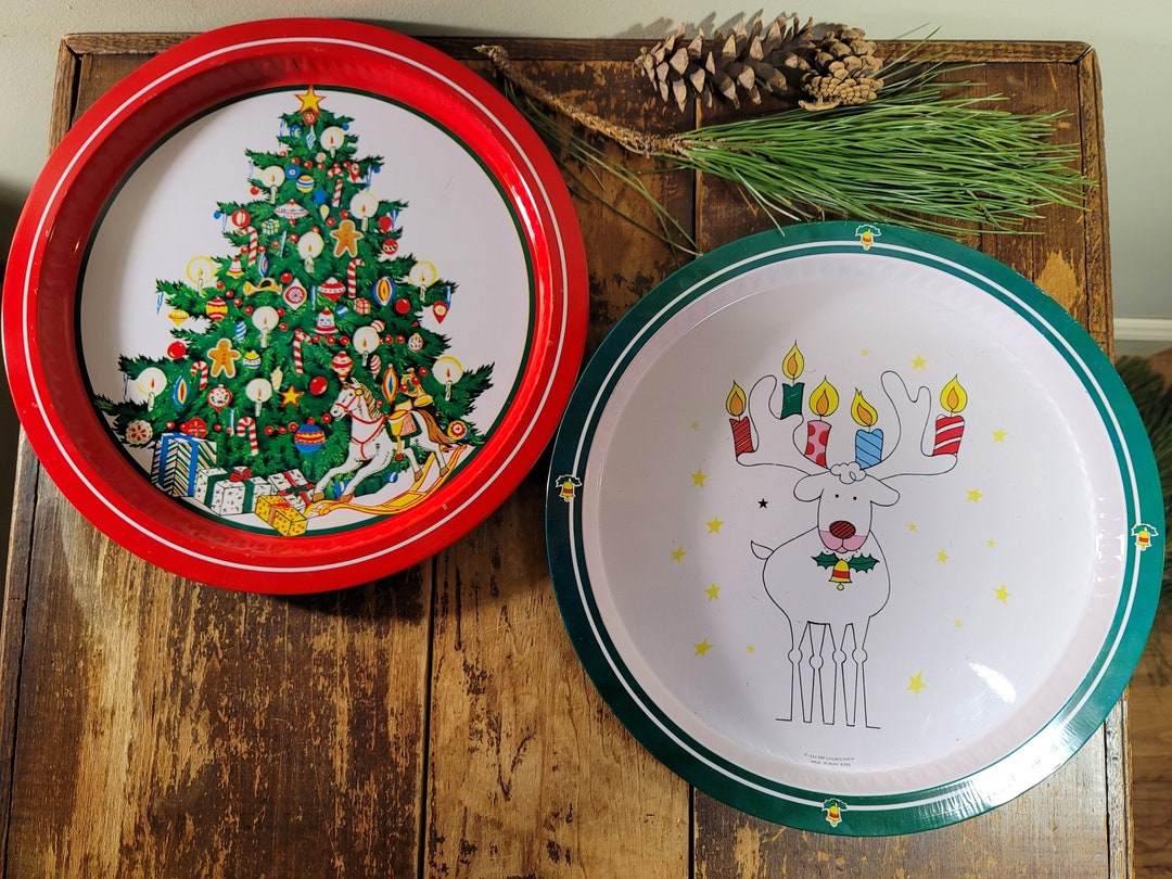 Vintage Christmas Trays 1980s Tin Metal Holiday Christmas Decorative ...