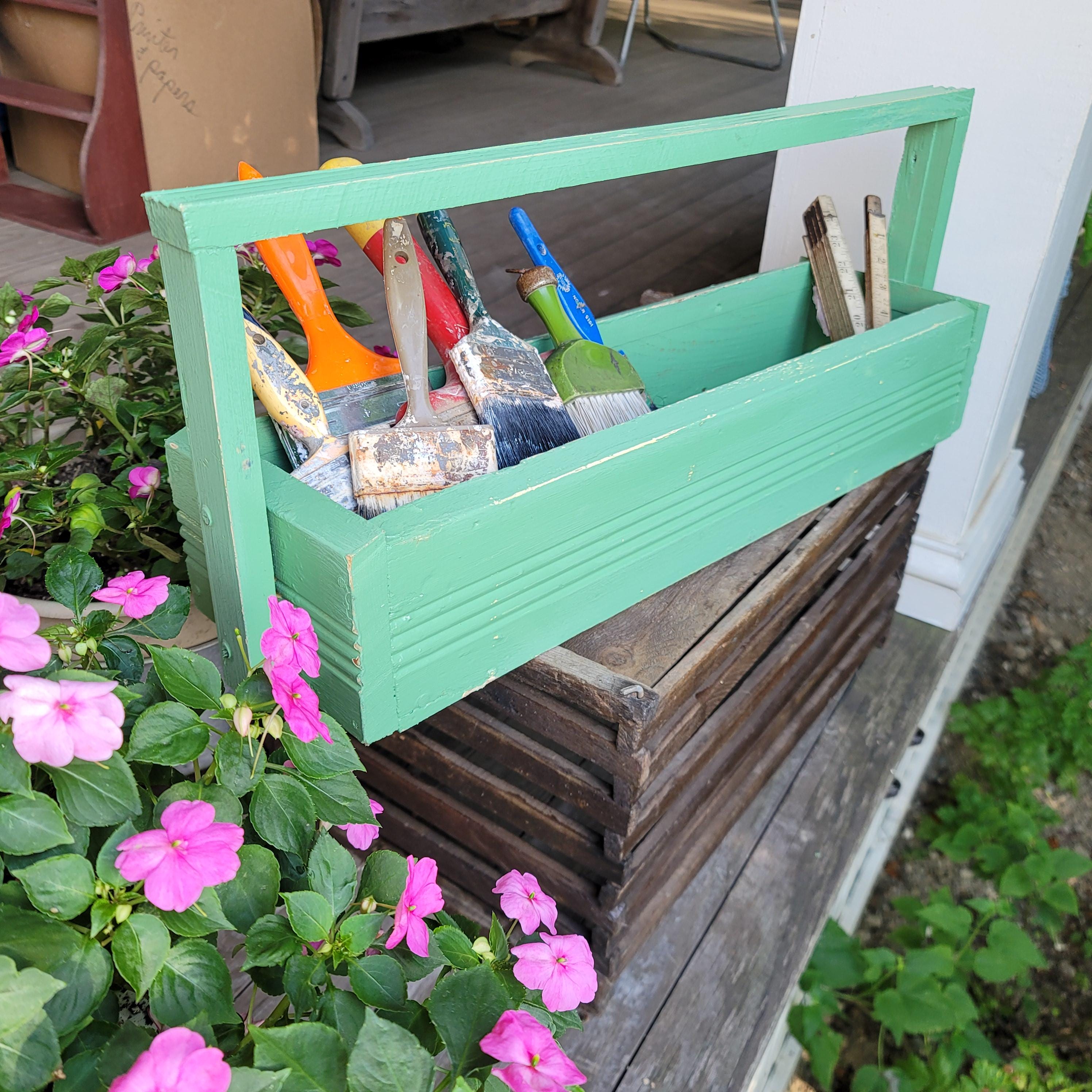 Vintage Upcycle Wood Tool Caddy Tote, Rustic Carryall Box, Green ...