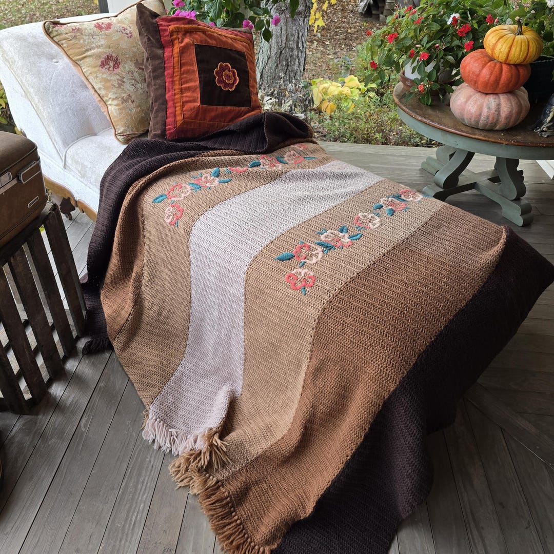 Vintage Embroidered Large Stripe Crochet Afghan Throw: Brown Fringed ...