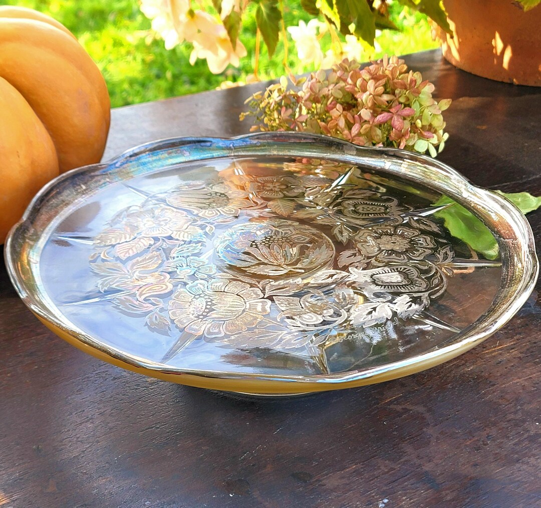 MCM Cake Pedestal, Silvered Glass Georges Briard Plate, Scalloped Edge ...