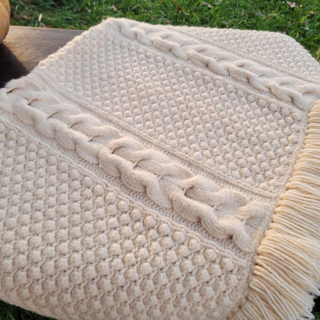 Cable Knit Afghan, Vintage Cream Colored Afghan, Crochet Throw Blanket ...