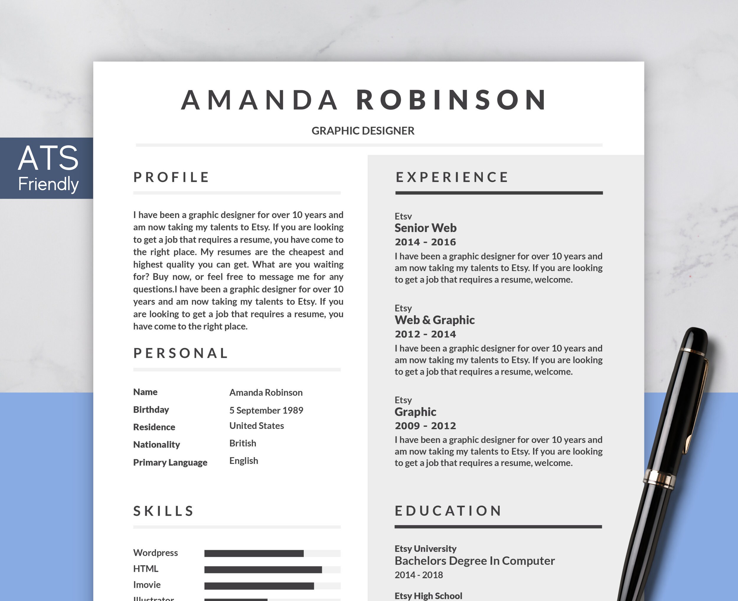 One Page Executive Resume Template Professional CV Design Word Format ...