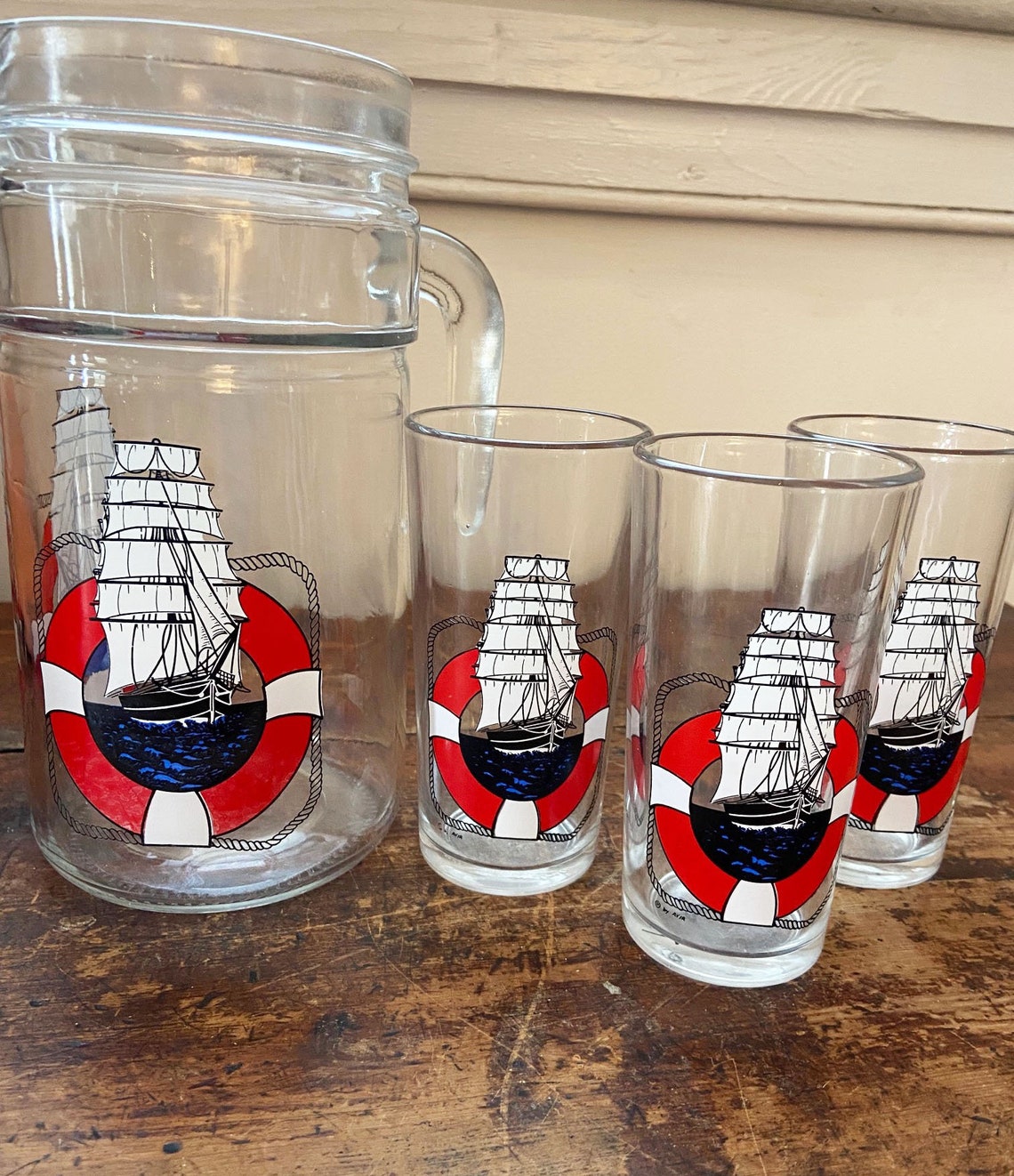 Vintage Avir Sailboat Pitcher and Matching Set of Three Tumblers - Etsy