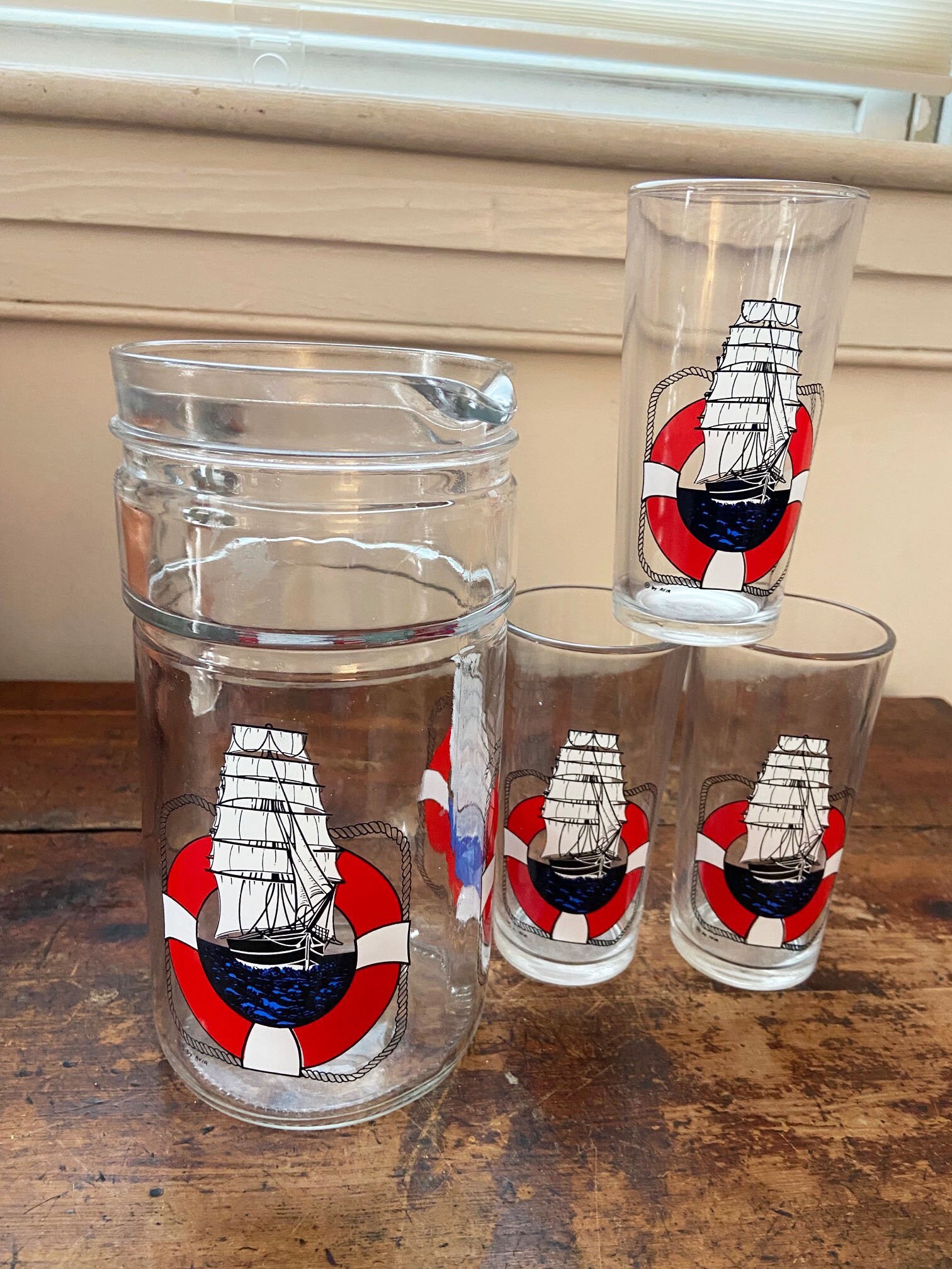 Vintage Avir Sailboat Pitcher and Matching Set of Three Tumblers - Etsy