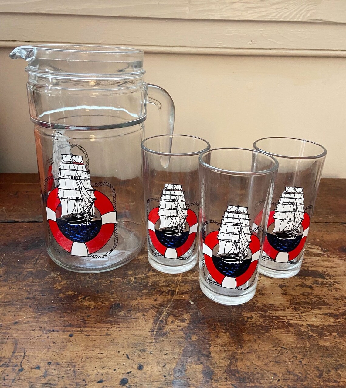 Vintage Avir Sailboat Pitcher and Matching Set of Three Tumblers - Etsy