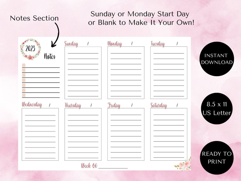 Printable Weekly Schedule With Notes Instant Download PDF US - Etsy