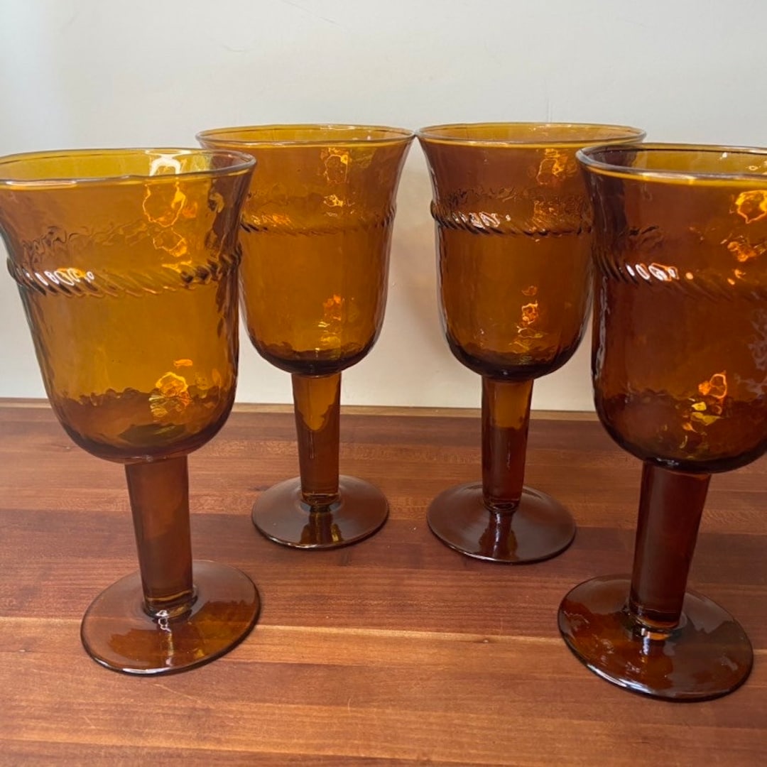Set of 4 Large Amber Glass Goblets With Rope Trim - Etsy