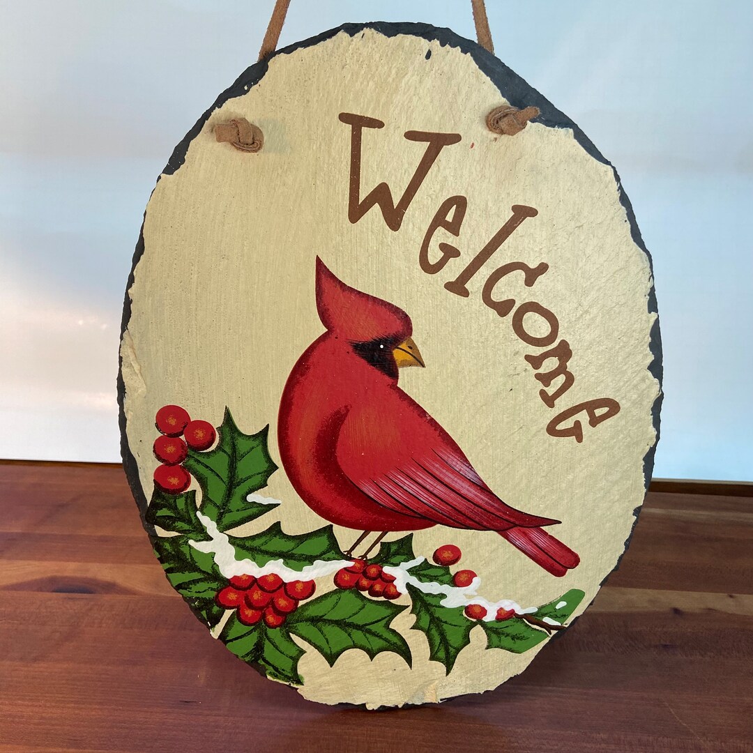 Hand Painted Oval Slate Welcome Sign With Winter Cardinal - Etsy
