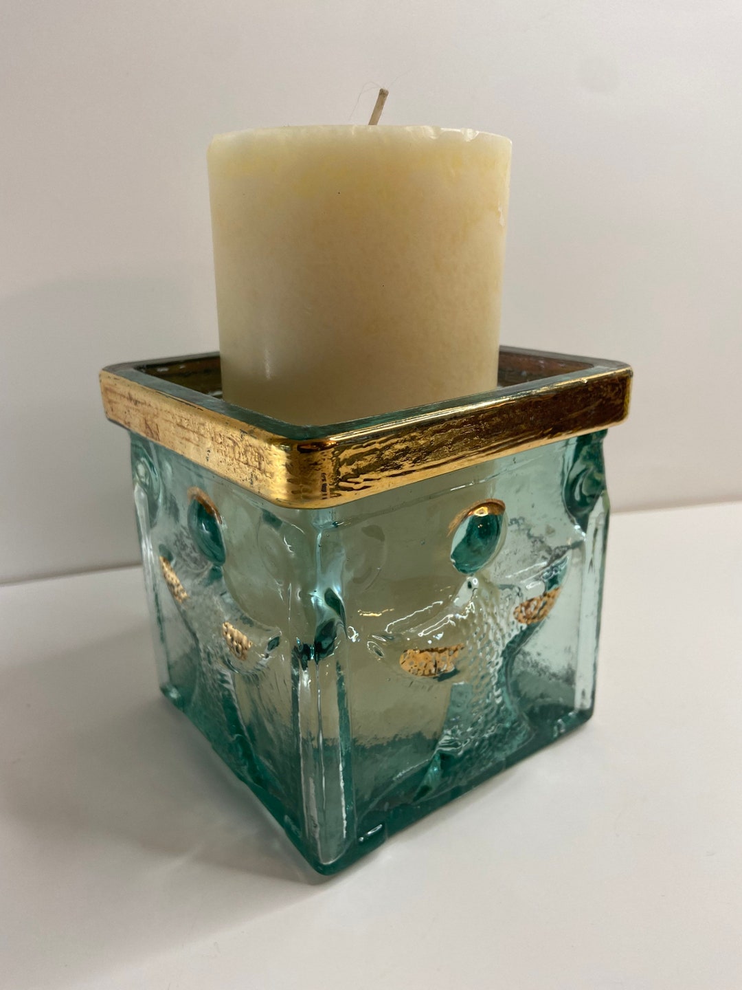 Mexican Green Glass Angel Candle Luminary With Gold Accents - Etsy
