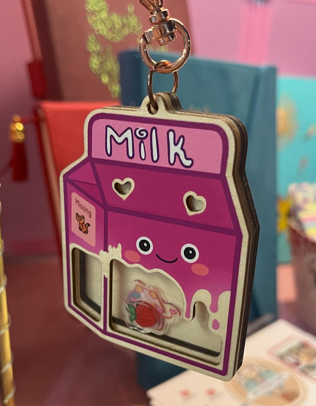 Strawberry Milk Carton Wood Shaker Keychain With Charms - Etsy