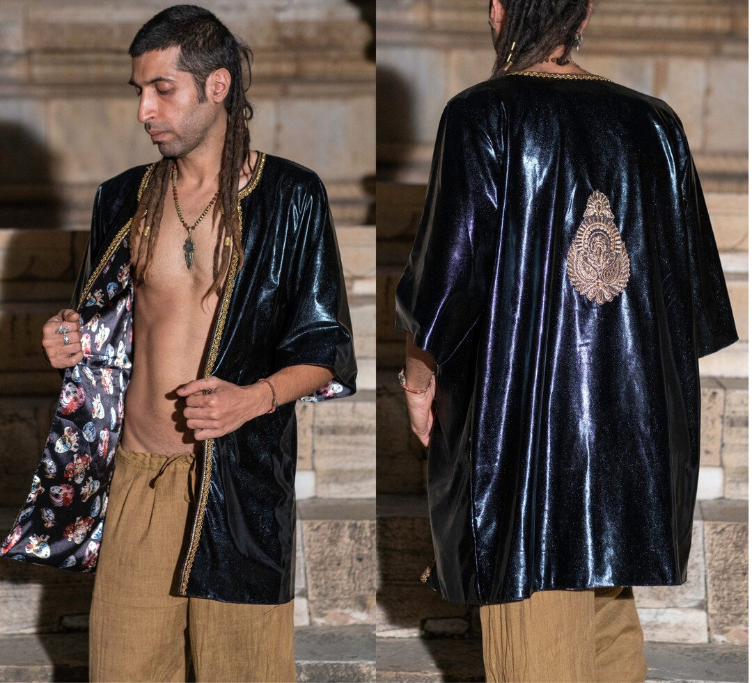 Reversible Rave Kimono With Pockets, Black and Gold Kimono, Festival ...
