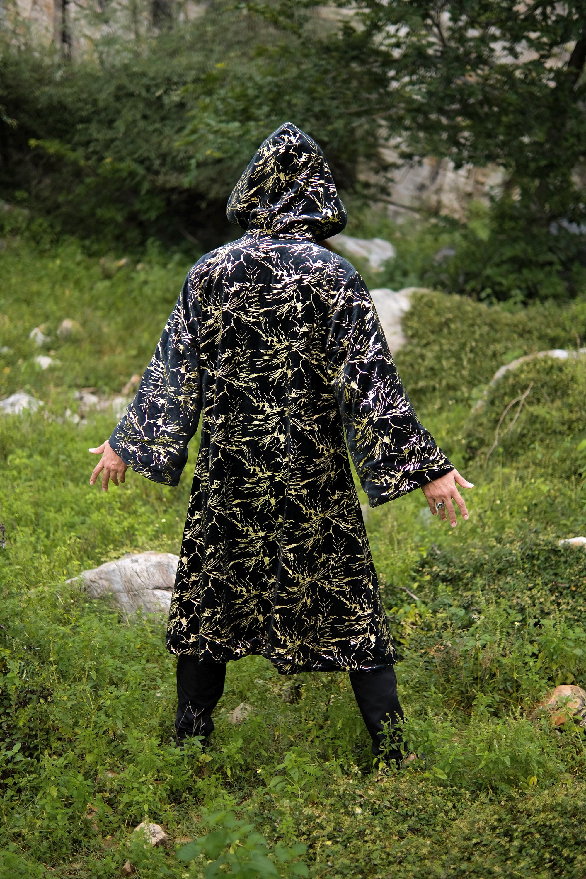 Reversible Wizard Robe With Hood and Sleeves, Black and Gold Cloak ...