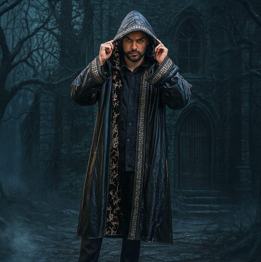Reversible Wizard Robe With Hood and Sleeves, Black and Gold Cloak ...