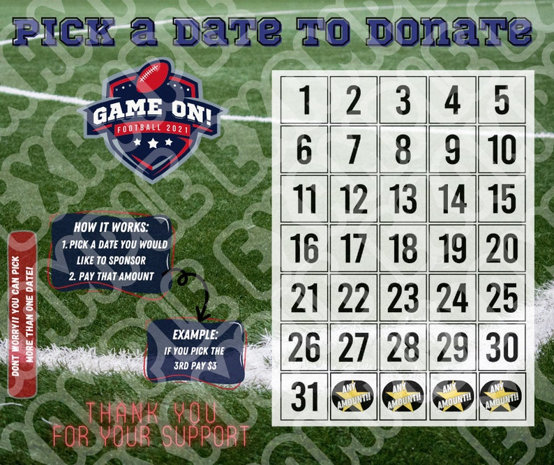 FOOTBALL SQUARE CALENDAR - Etsy