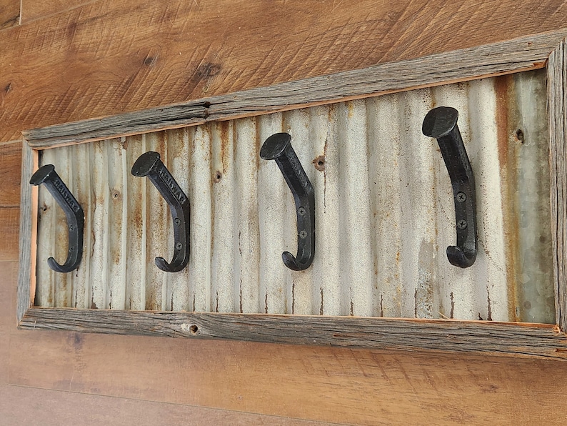 Rustic Tin and Railroad Spike Coat Hook Board 4 Hooks - Etsy