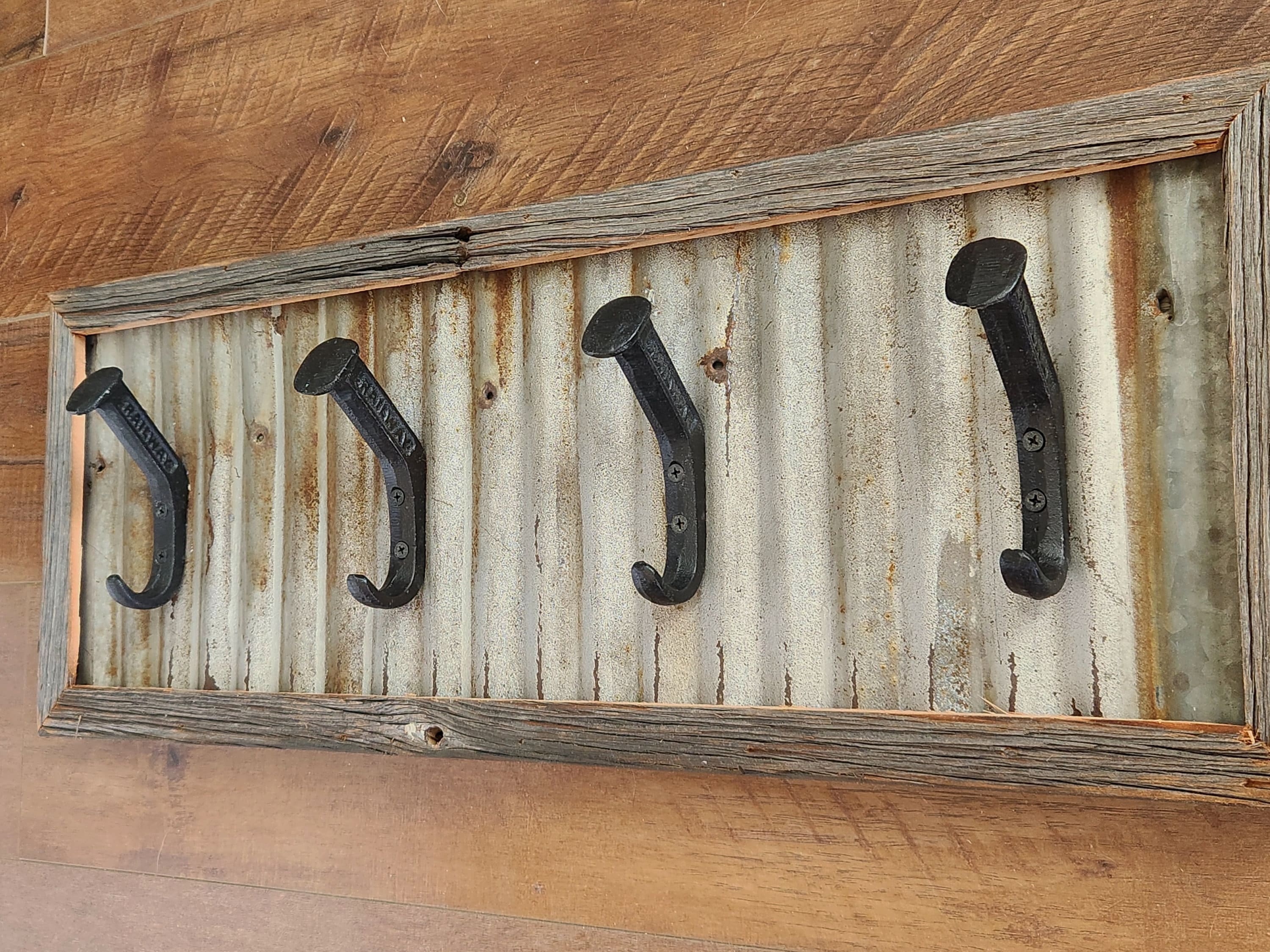 Rustic Tin and Railroad Spike Coat Hook Board 4 Hooks - Etsy