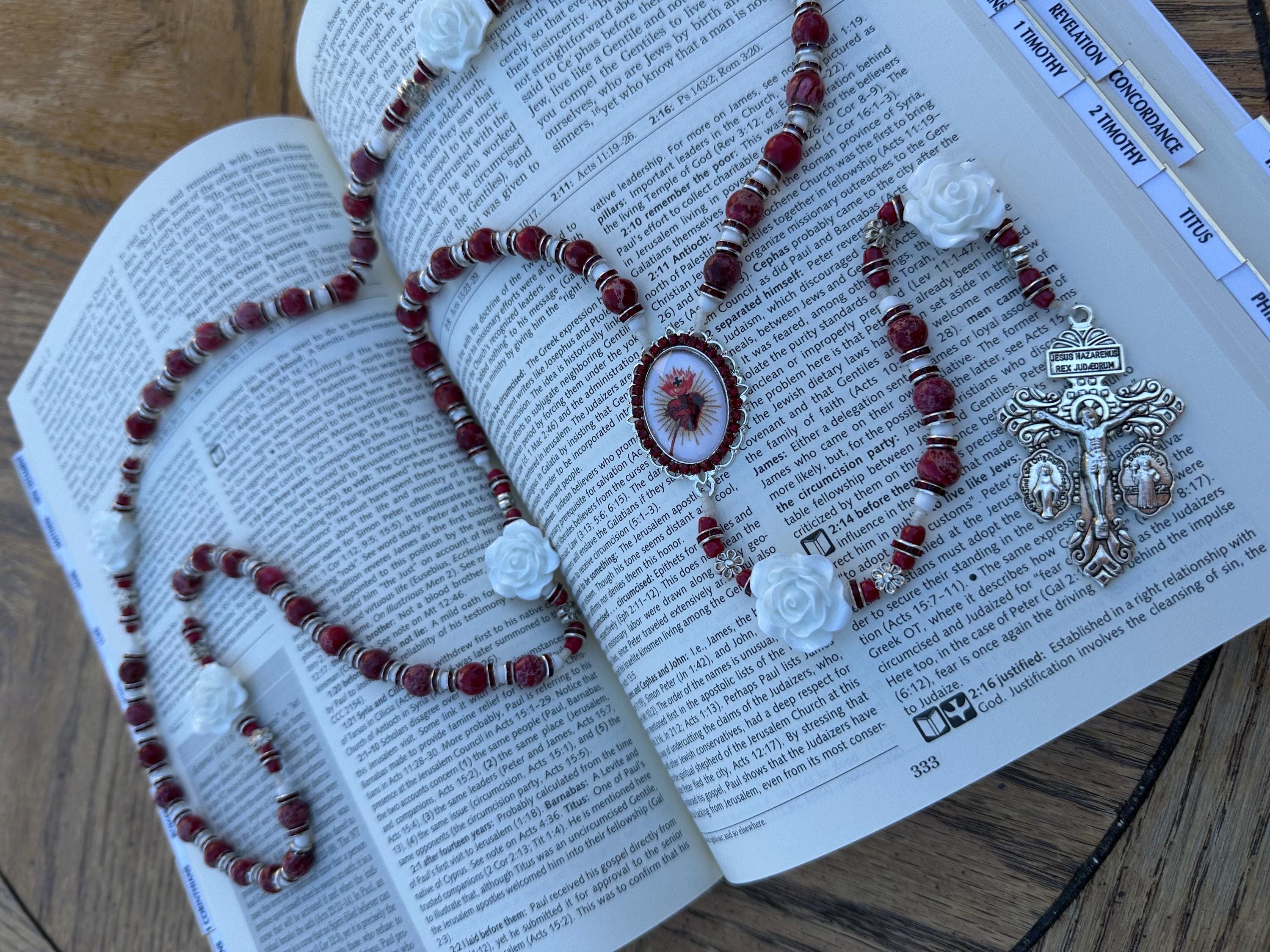 Handmade Red Jasper Rosary | Sacred Heart, Resin Roses - Etsy