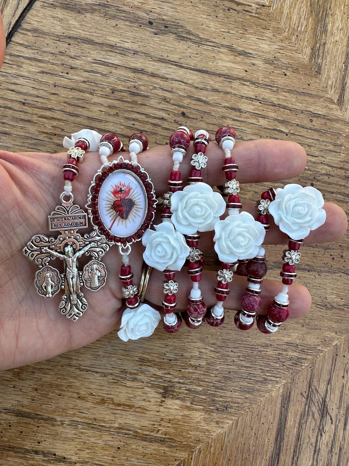 Handmade Red Jasper Rosary | Sacred Heart, Resin Roses - Etsy
