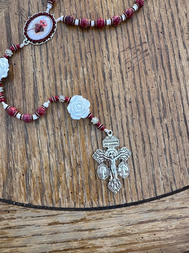 Handmade Red Jasper Rosary | Sacred Heart, Resin Roses - Etsy