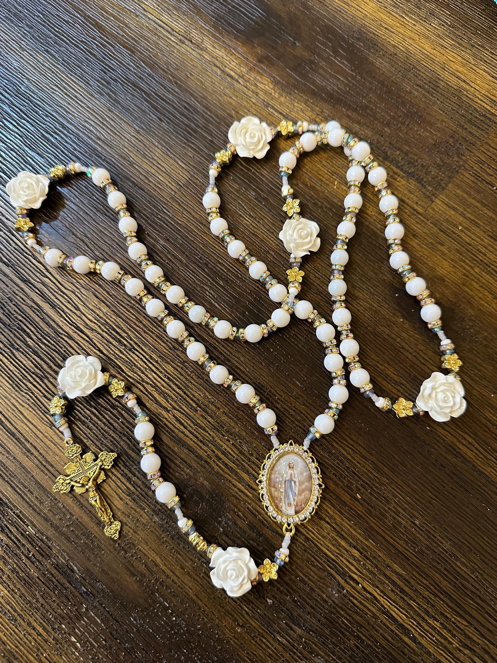 Snow White Jade Rosary | Our Lady of Lourdes, White Rose Beads - Etsy