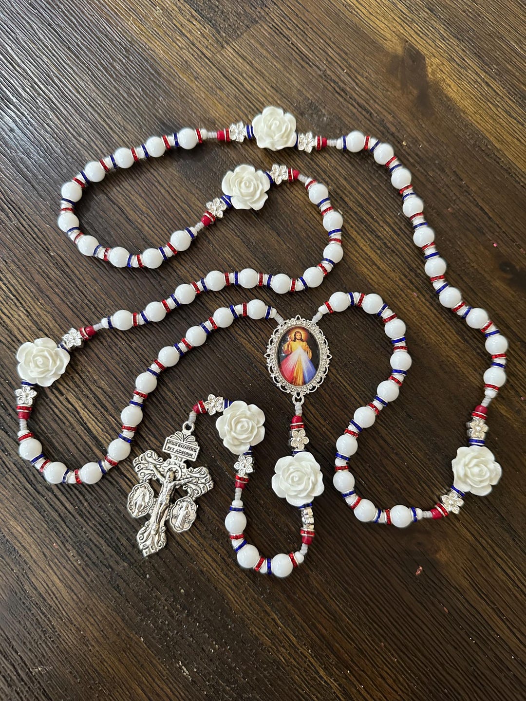 Snow White Jade Rosary | Red and Blue Divine Mercy | White Rose Beads ...