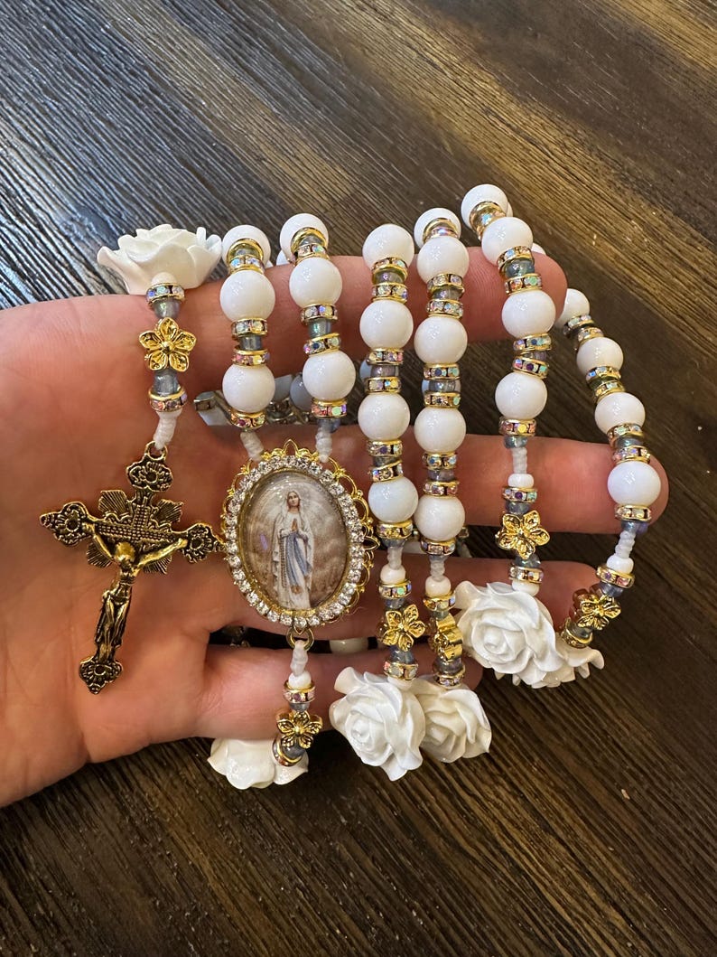 Snow White Jade Rosary | Our Lady of Lourdes, White Rose Beads - Etsy