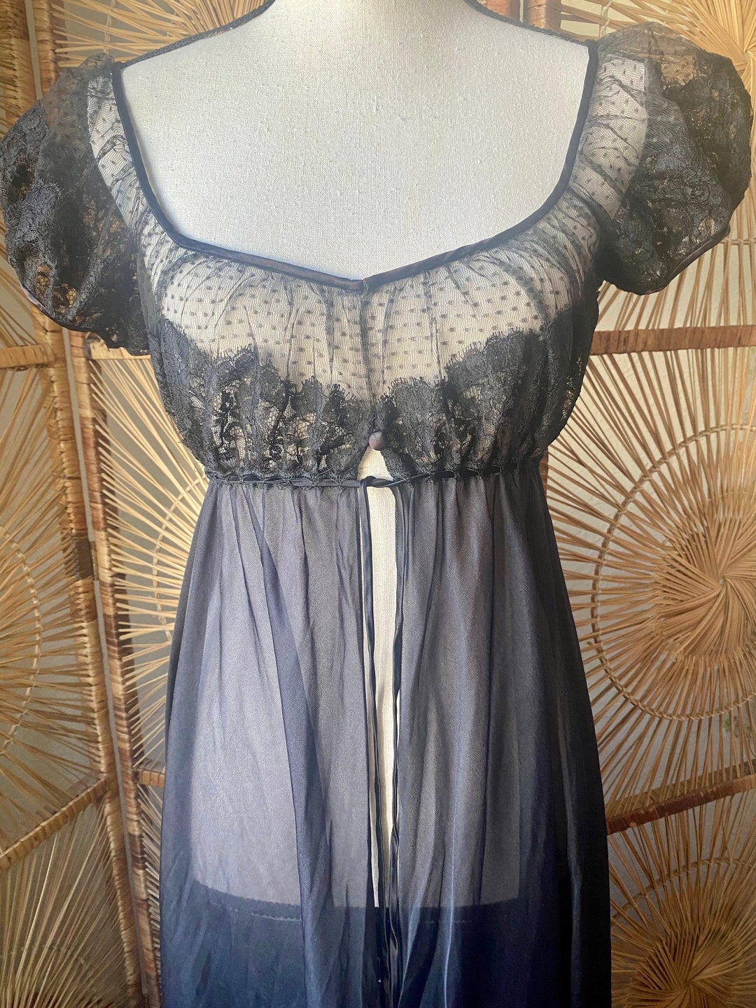 Vintage 1960s Clare Sandra Lucie Ann Black Nylon Peignoir With Mesh ...