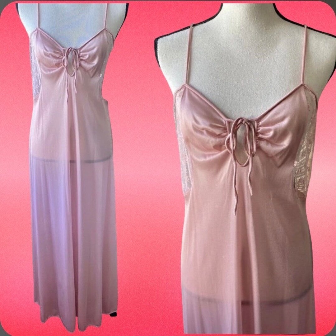 Balletcore Vintage 70s Pink Nightgown With Sheer Floral Lace and ...