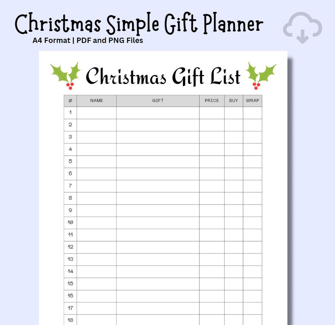 Printable Christmas Gift List, Simple Planner (PDF, PNG) - Etsy