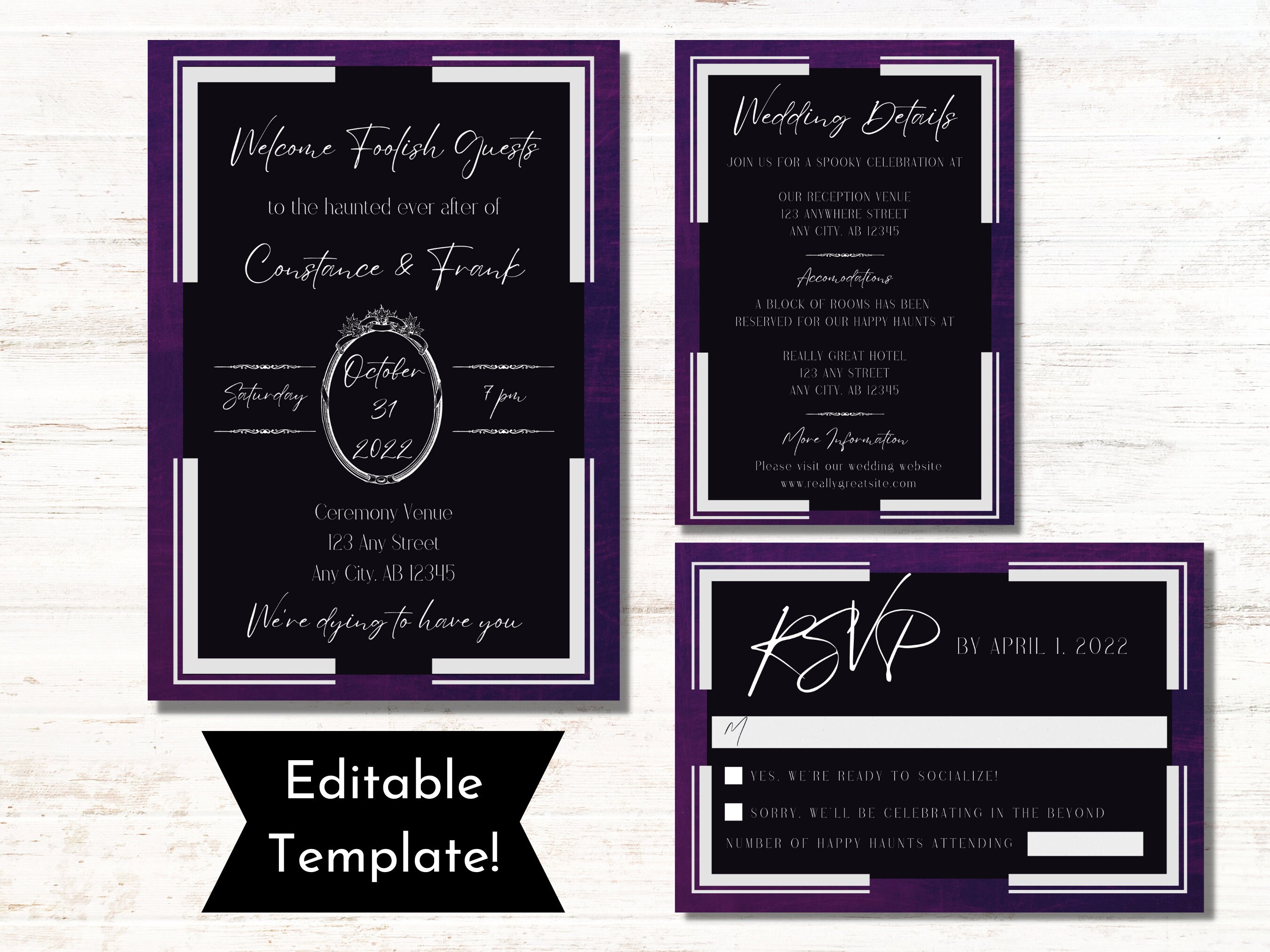 Editable Haunted Wedding Invitation, Gothic Purple Halloween Wedding ...