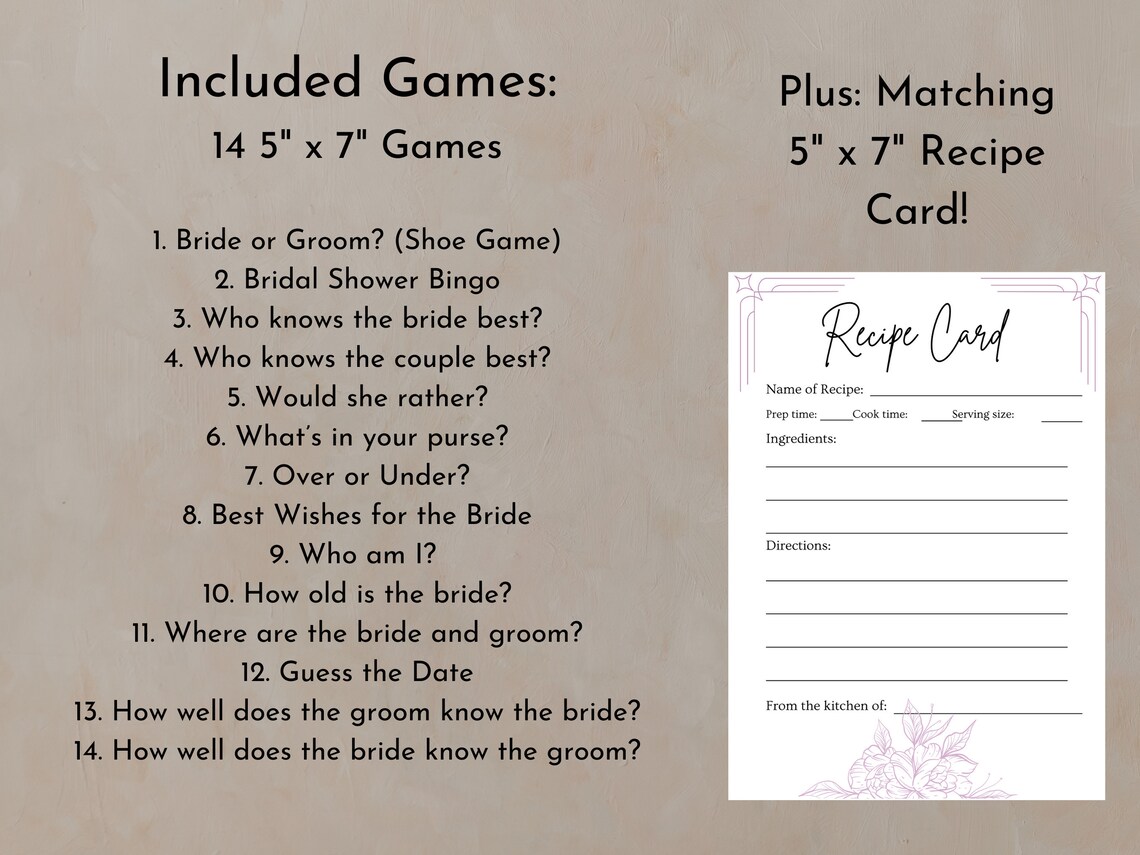 Editable Regency Bridal Shower Games Recipe Card Template Minimalist ...