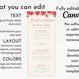 Editable Red Rose Wedding Menu | Wedding Reception Dinner Menu ...