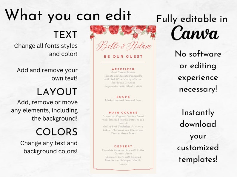 Editable Red Rose Wedding Menu | Wedding Reception Dinner Menu ...