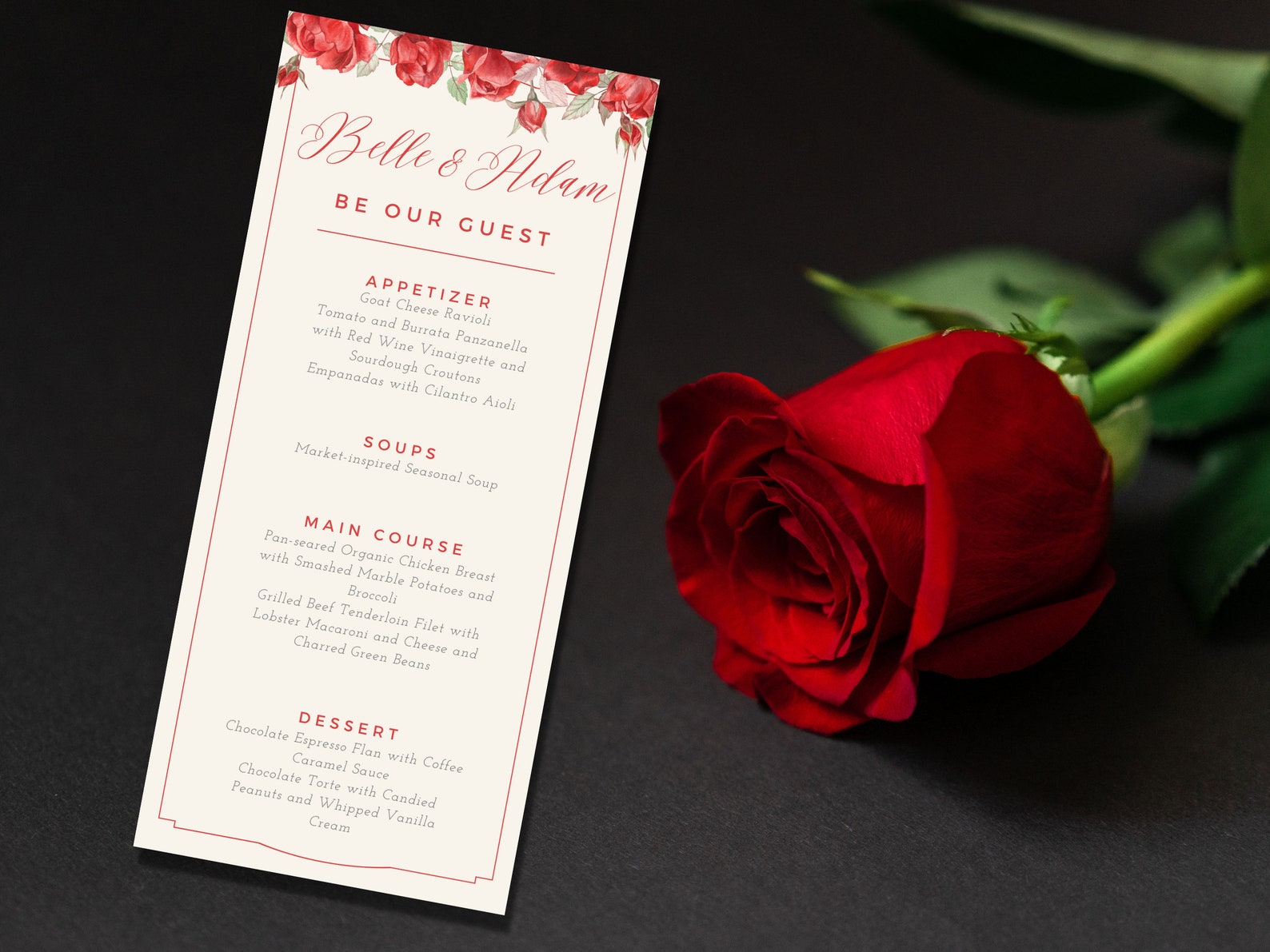Editable Red Rose Wedding Menu | Wedding Reception Dinner Menu Printable Template | Beauty and ...