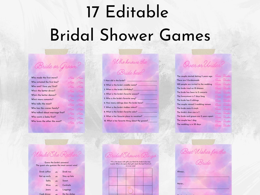 Editable Lover Bridal Shower Games | Pink Purple Pastel Sky Bridal ...