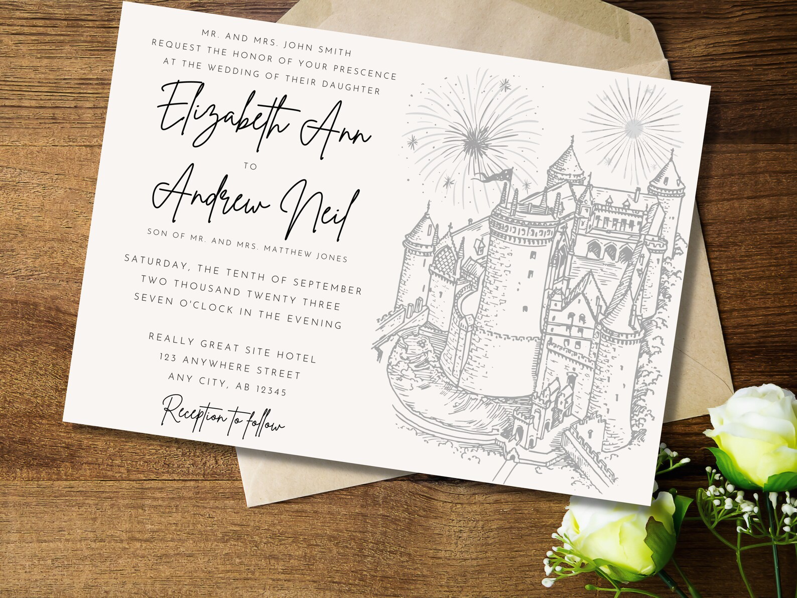Editable Fairytale Wedding Invitation Castle Fireworks Wedding ...