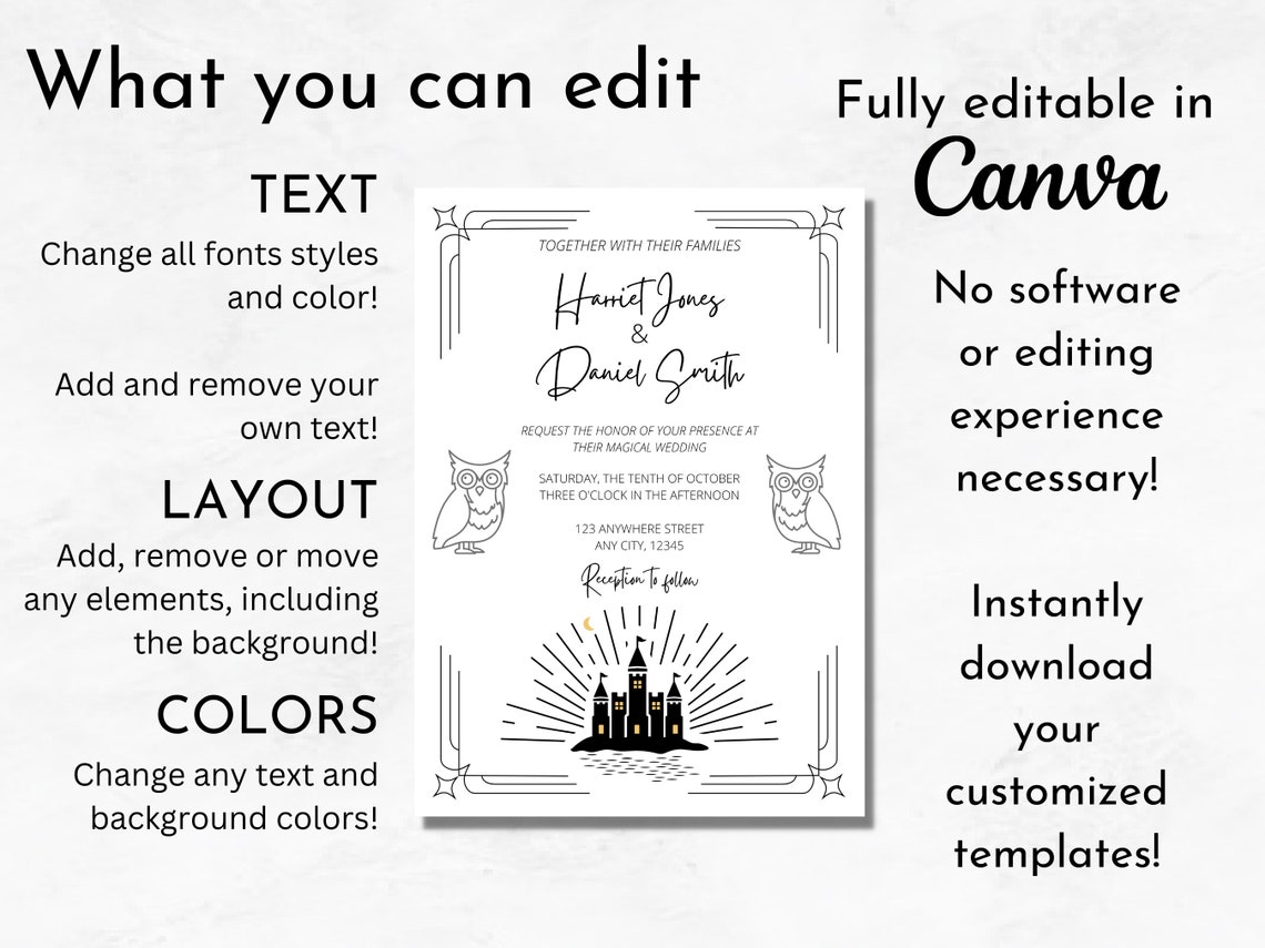 Editable Magical Wedding Invitation Wizard Witch and Owls Printable ...