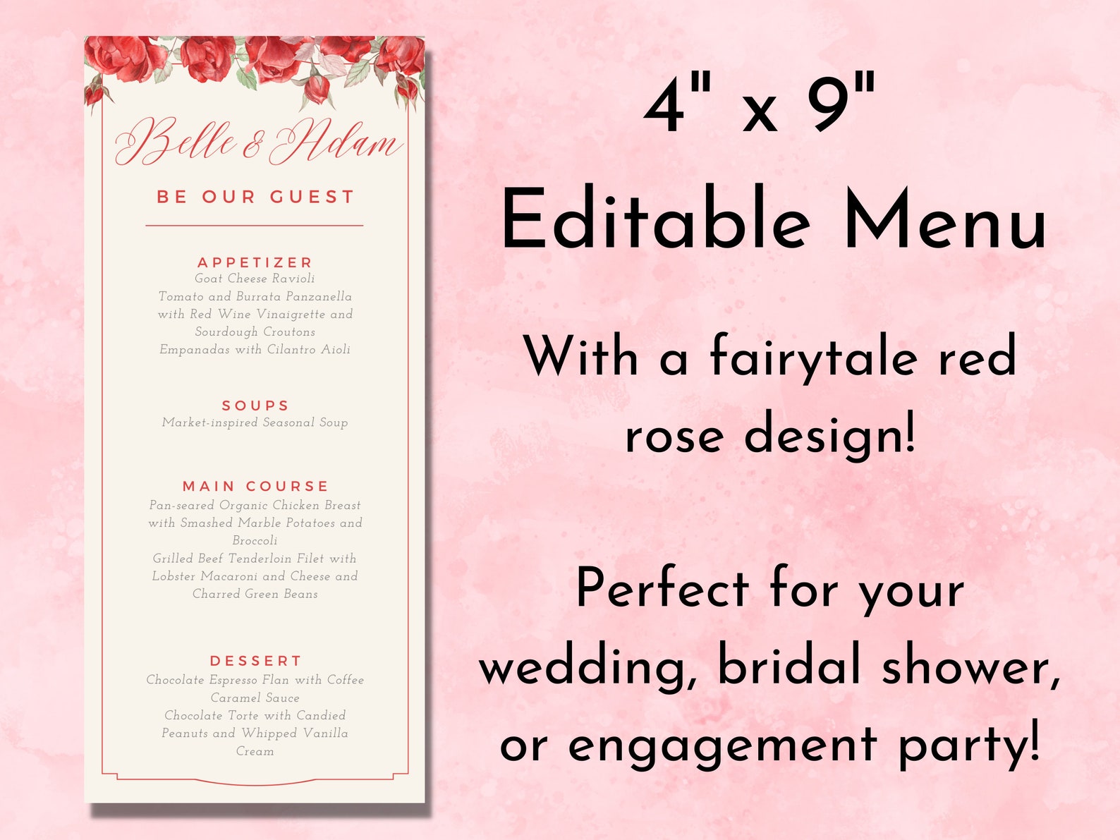 Editable Red Rose Wedding Menu | Wedding Reception Dinner Menu ...