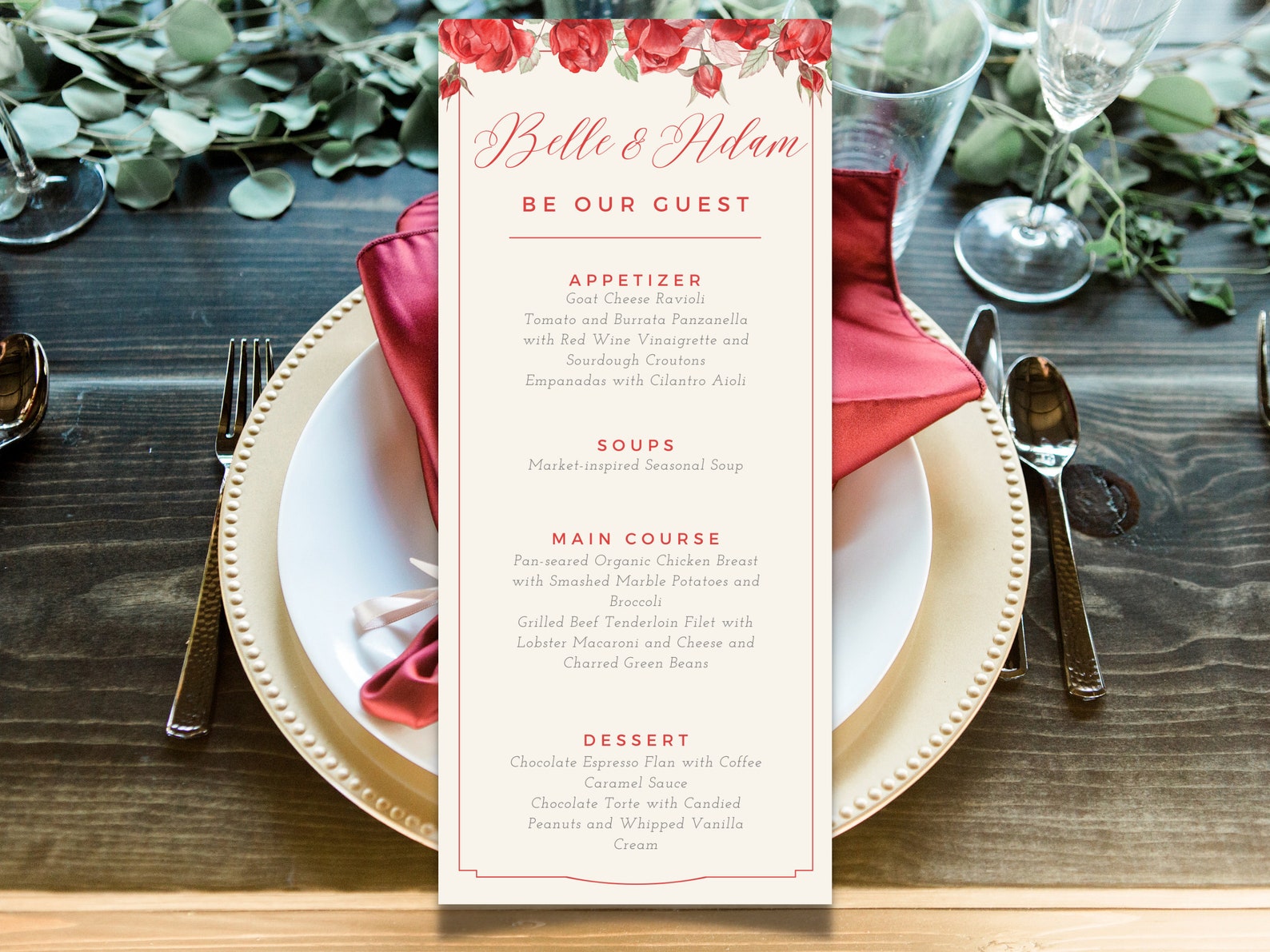 Editable Red Rose Wedding Menu | Wedding Reception Dinner Menu ...