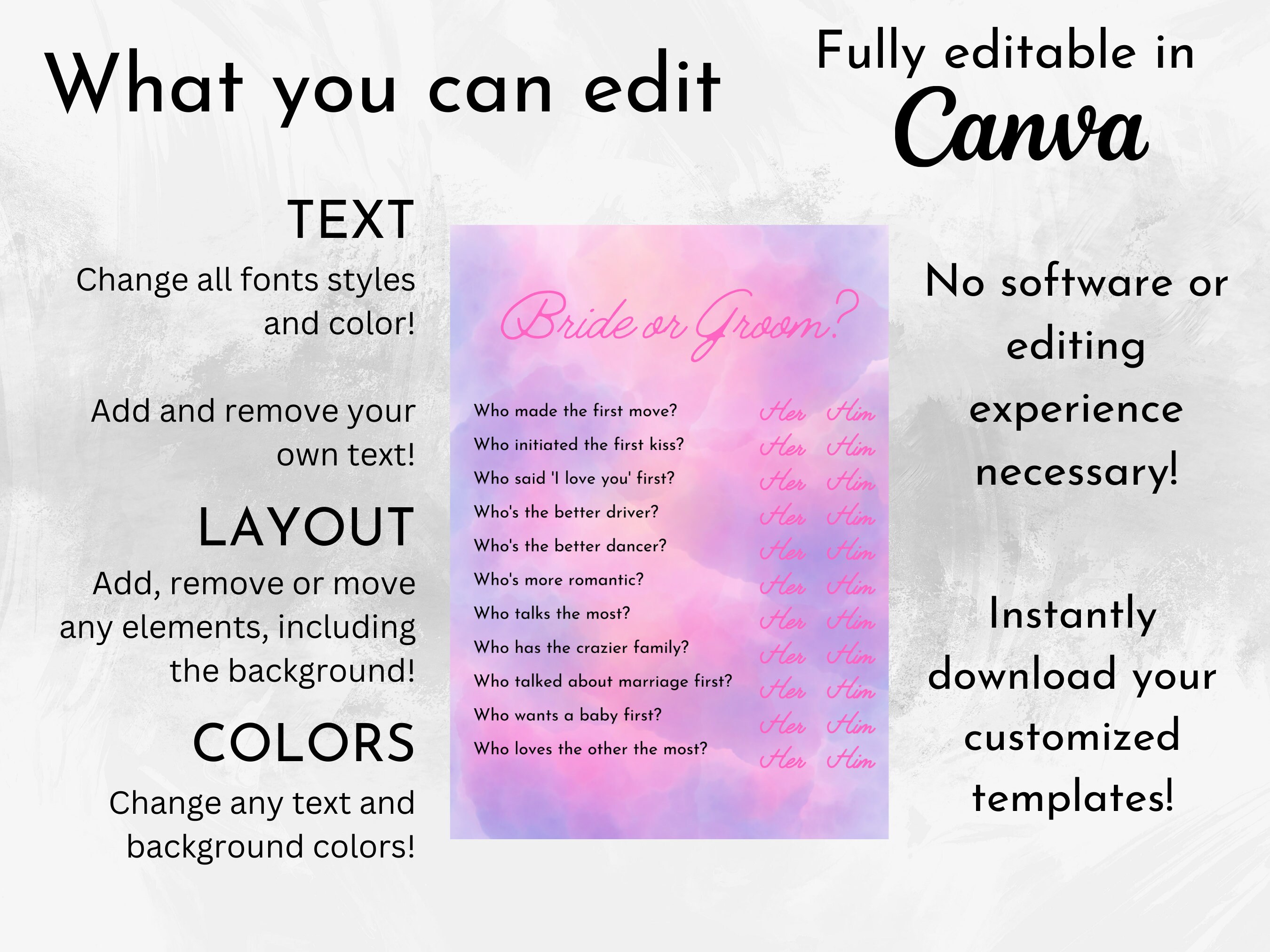 Editable Lover Bridal Shower Games | Pink Purple Pastel Sky Bridal ...