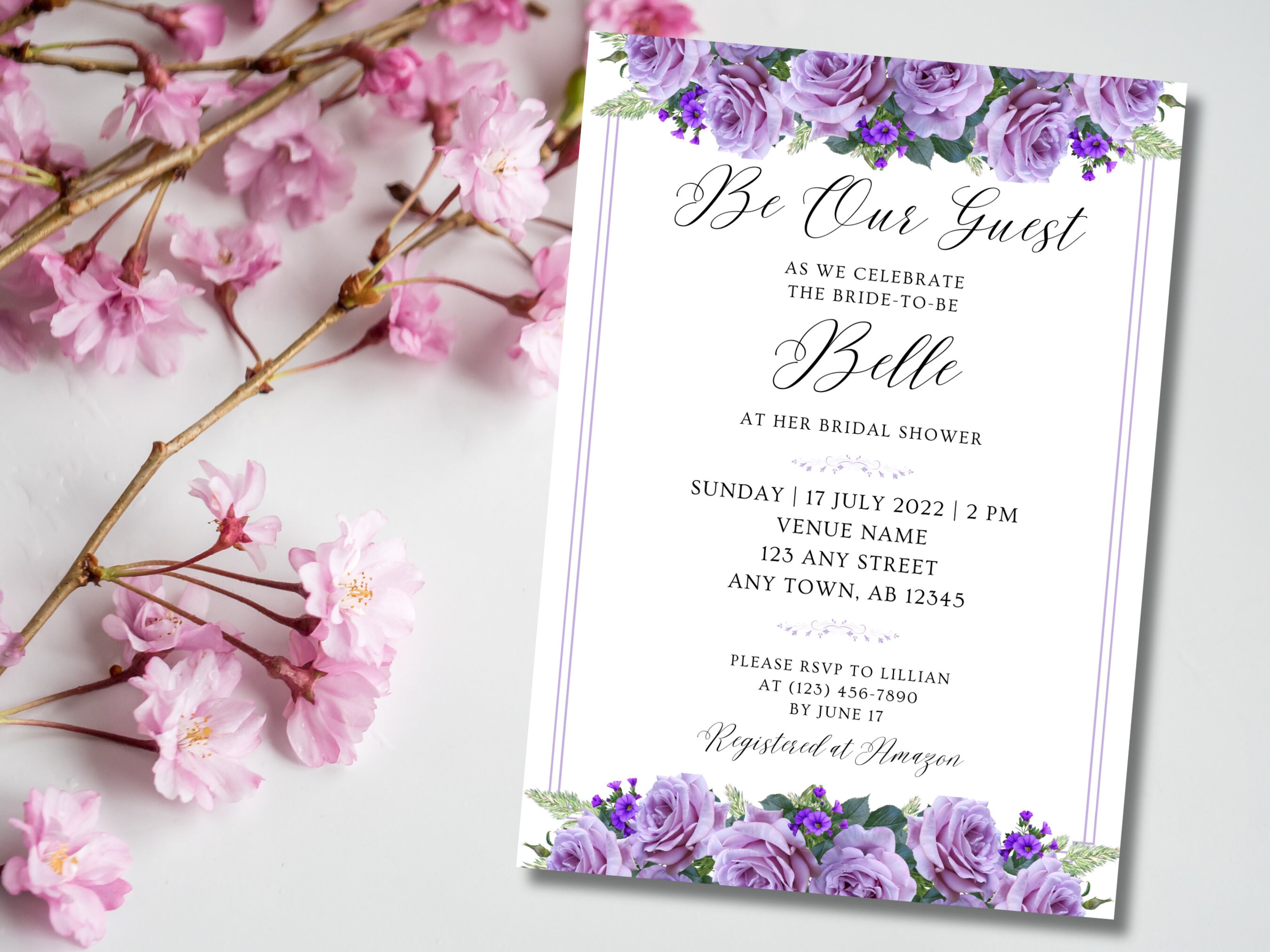 Editable Purple Rose Bridal Shower Invitation Recipe Card, Victorian ...