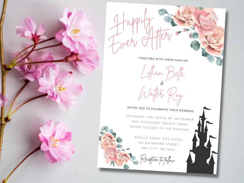 Editable Fairytale Wedding Invitation Castle Happily Ever After Floral ...