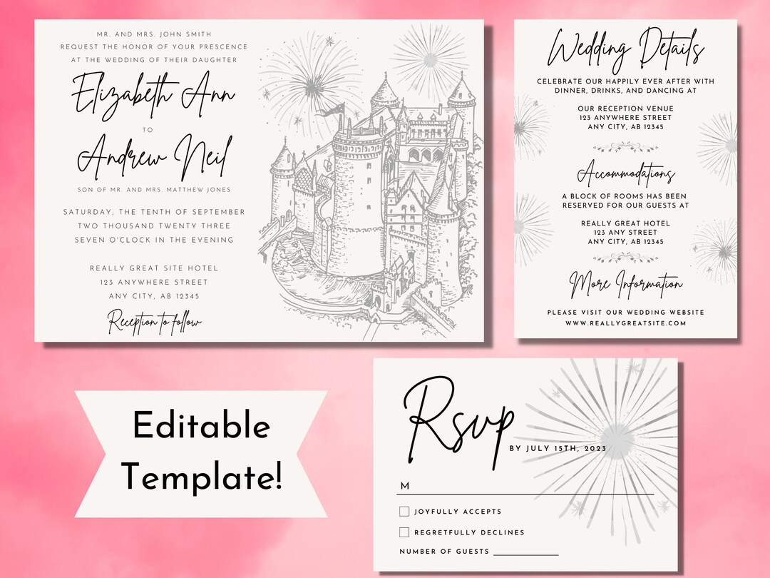 Editable Fairytale Wedding Invitation | Castle Fireworks Wedding ...