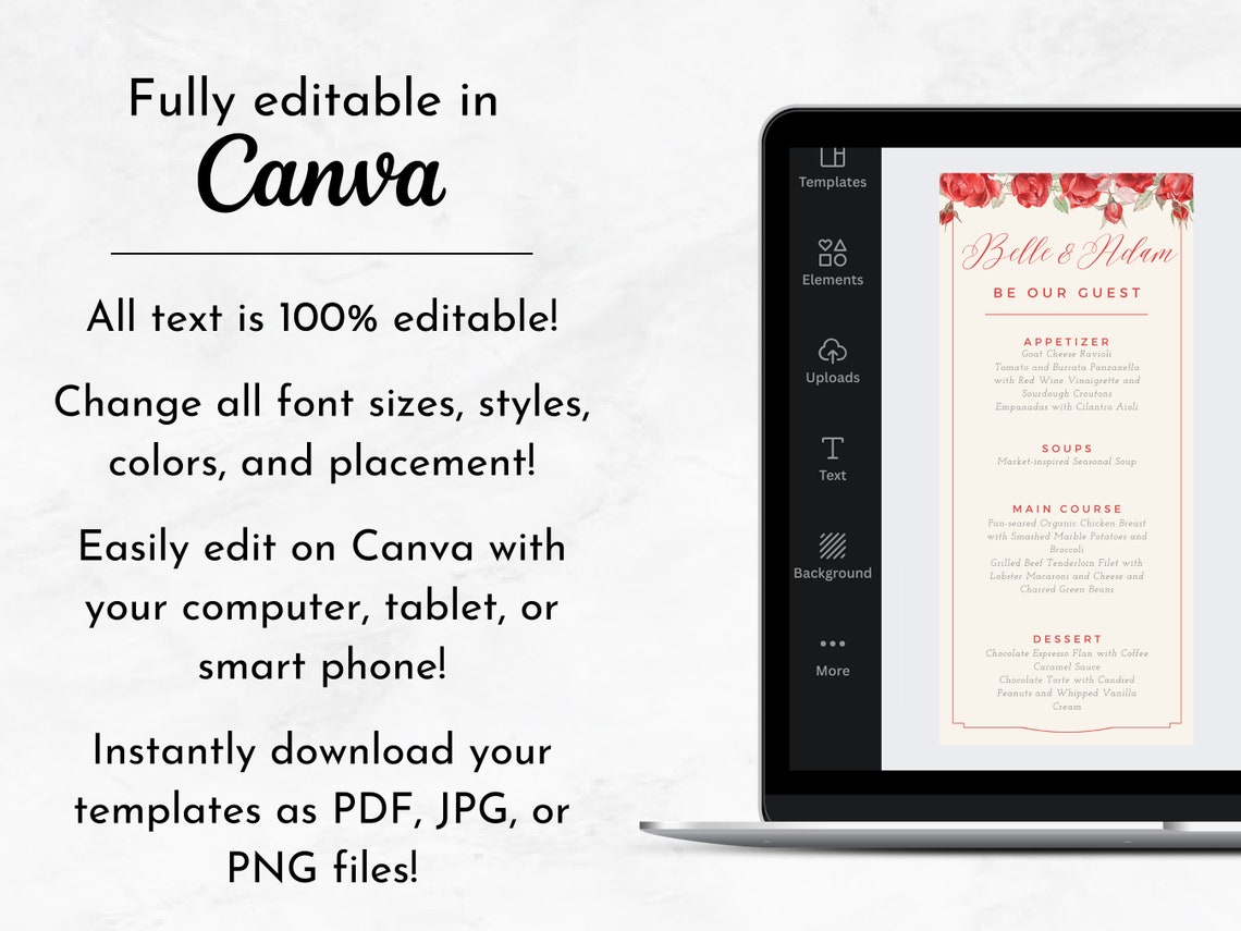 Editable Red Rose Wedding Menu Wedding Reception Dinner Menu Printable ...