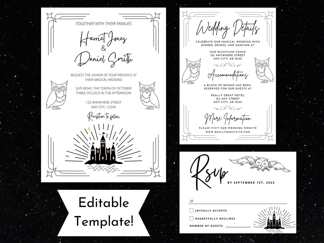 Editable Magical Wedding Invitation | Wizard Witch and Owls | Printable ...