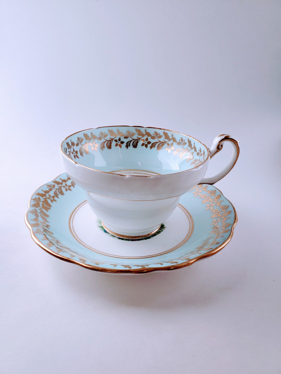 EB Foley Tea Cup and Saucer Light Blue With Gold Overlay, Bird of ...